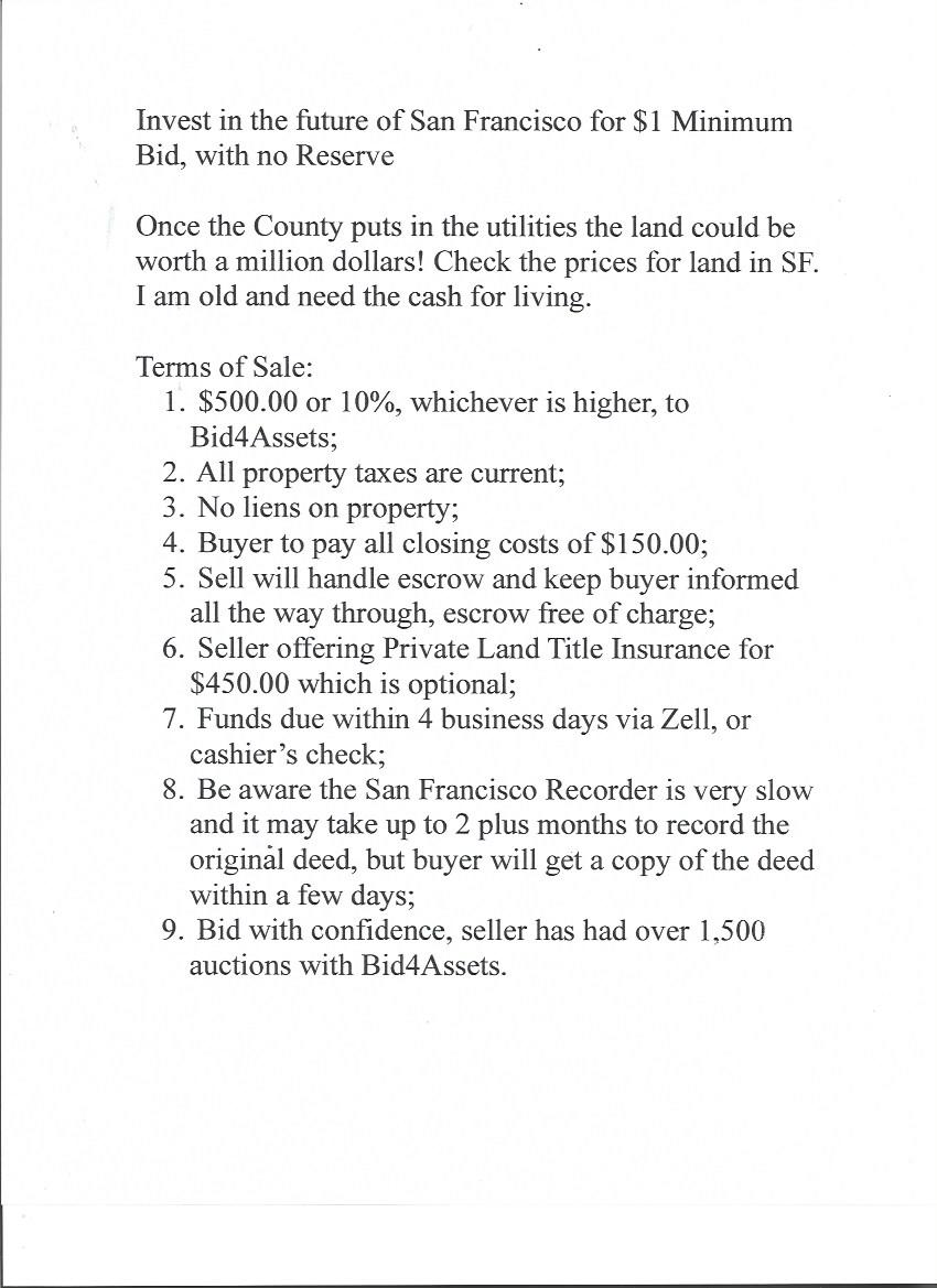 Bid4Assets.com > Auction Detail > (1259699) San Francisco Lot With No ...